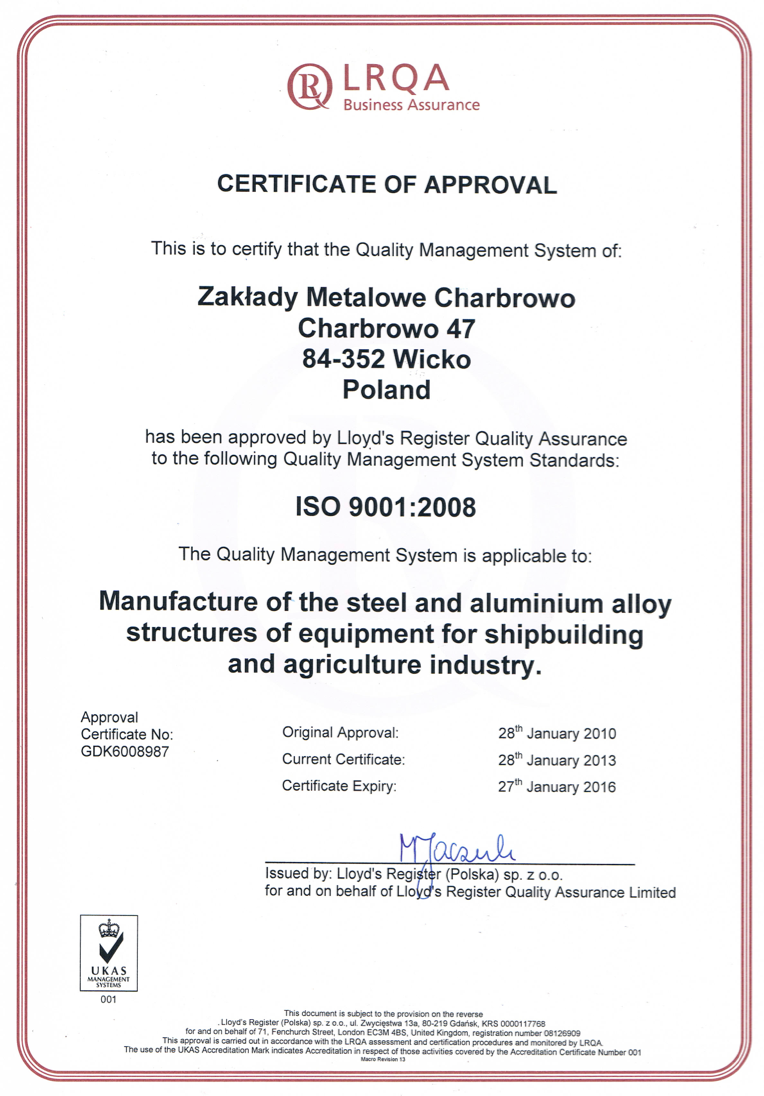 Certificates - Metal fabrication workshops Charbrowo